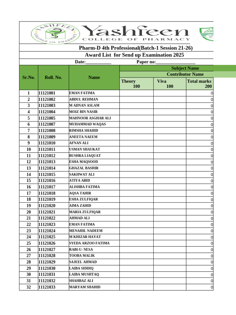 4th Prof Sheet For Result | PDF