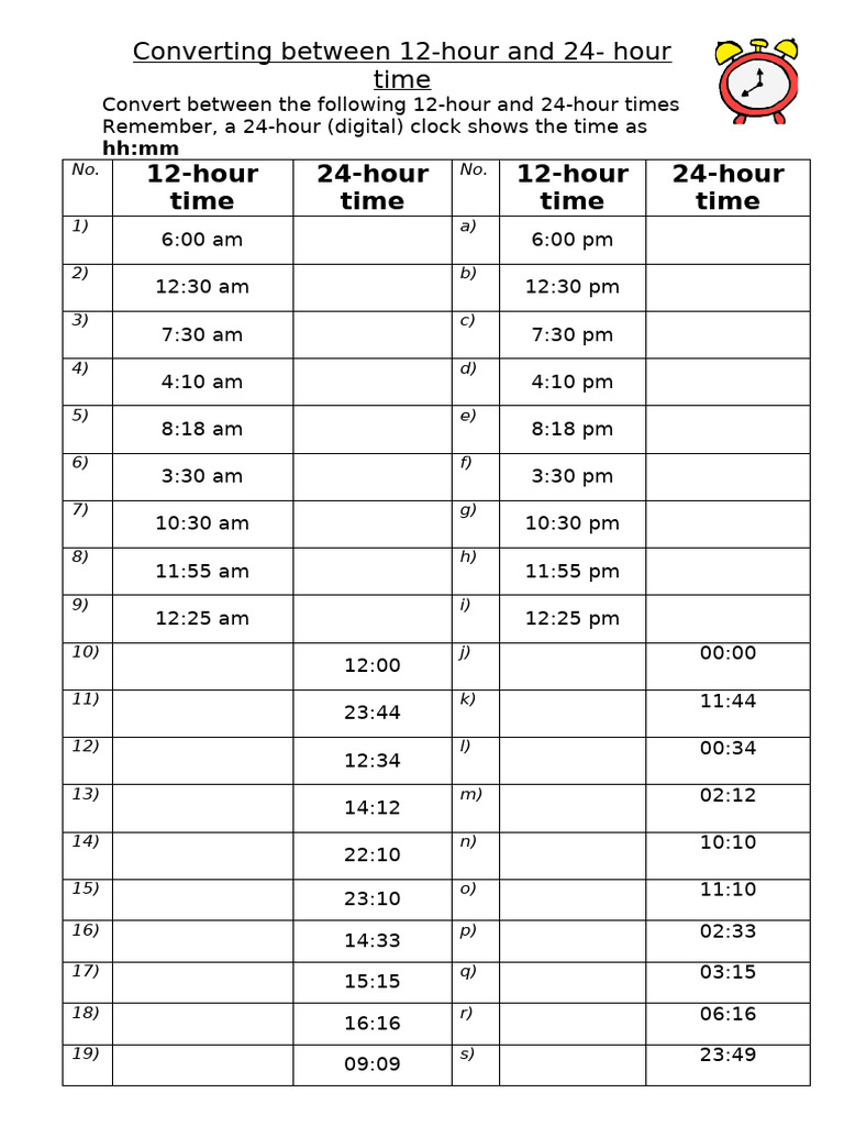 12-Hour to 24-Hour Time Conversion | PDF | Units Of Measurement | Clock