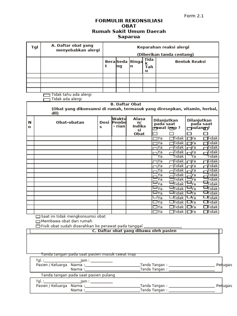 Form 2.1 Rekonsiliasi Obat | PDF