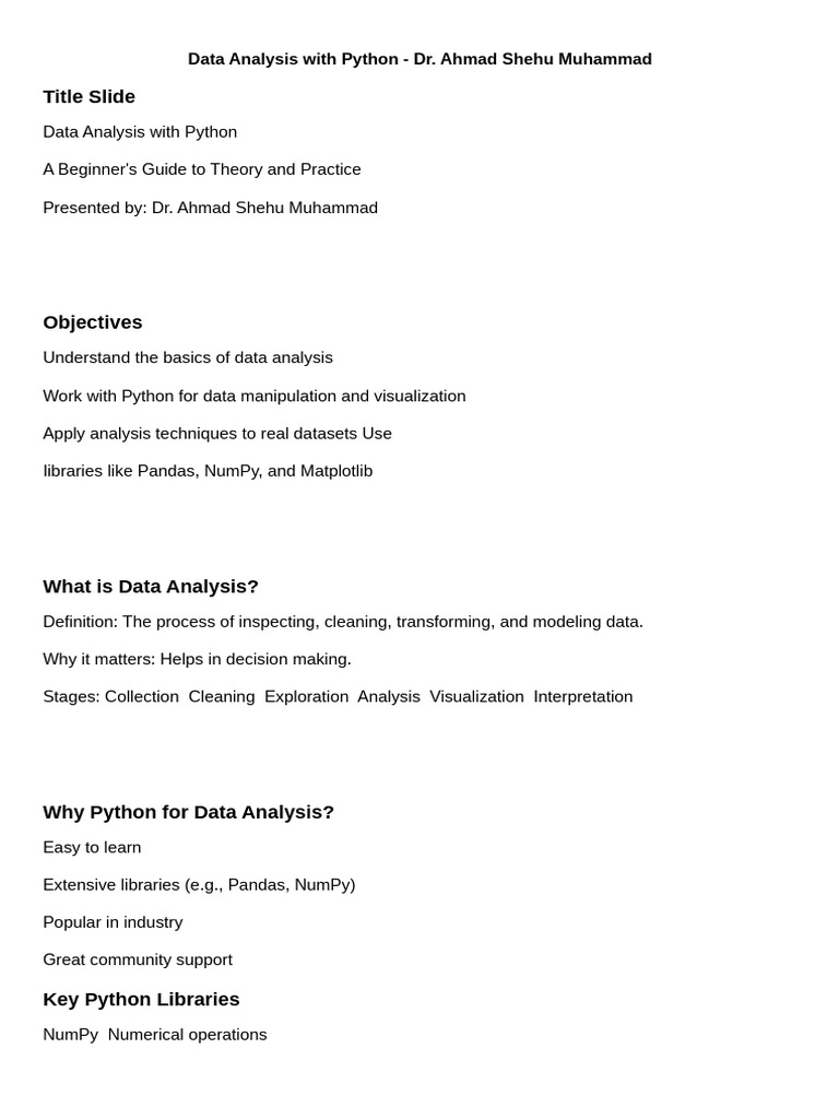 Data Analysis With Python DR Ahmad Shehu Muhammad | PDF | Data Analysis | Python (Programming ...