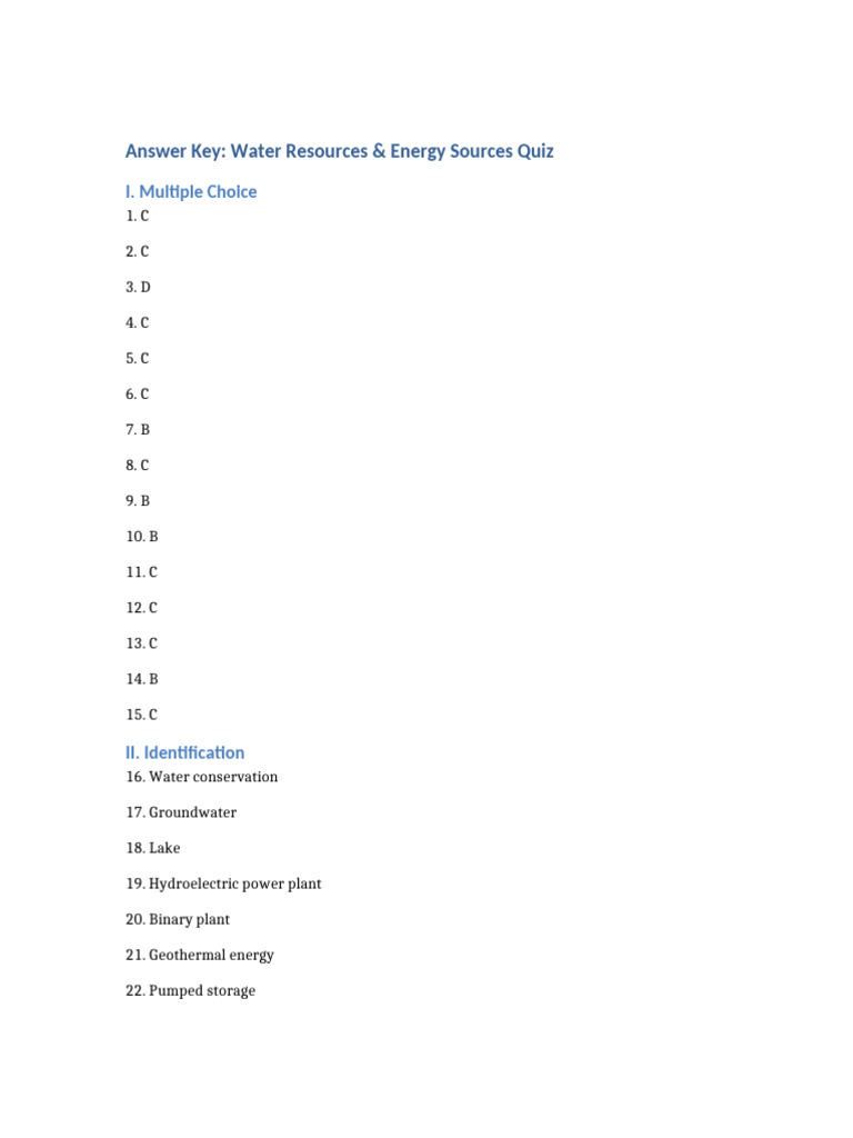 Water Energy Quiz Answer Key | PDF