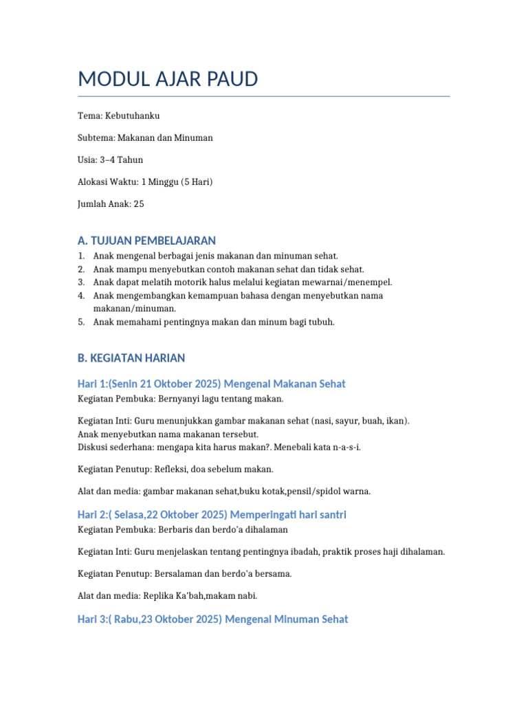 Modul PAUD: Makanan dan Minuman Sehat | PDF