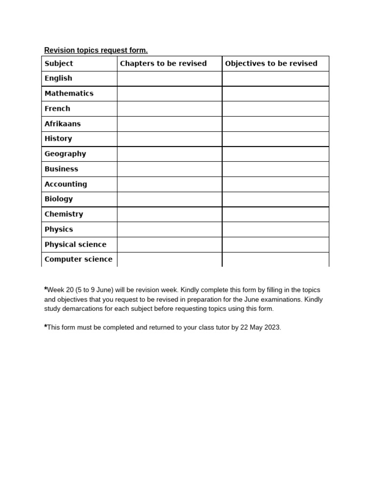 Revision Topics Request Form | PDF