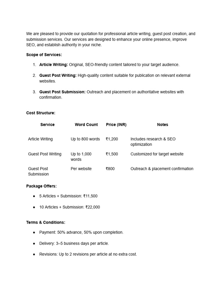 Quotation For Article & Guest Post Writing and Submission | PDF