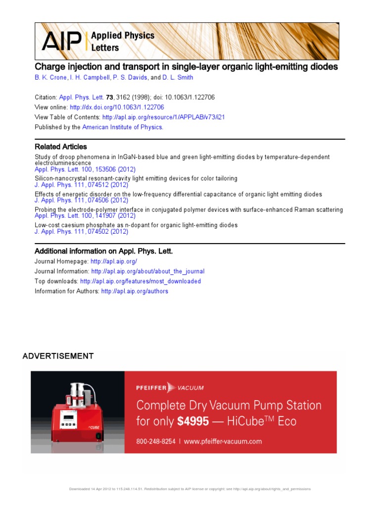 Charge Injection in Oled | PDF | Oled | Bipolar Junction Transistor