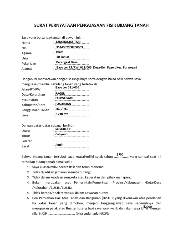 Surat Pernyataan Penguasaan Tanah | PDF