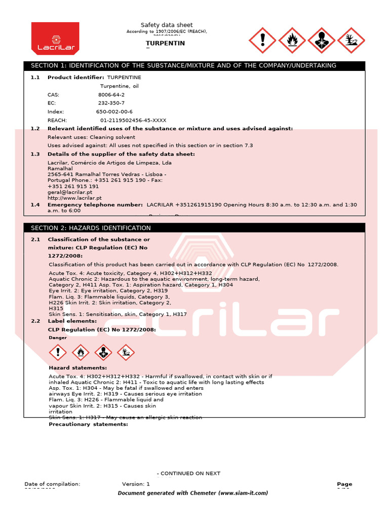 Fds Turpentine Lacrilar Versao 01 en Msds | PDF | Toxicity | Dangerous Goods