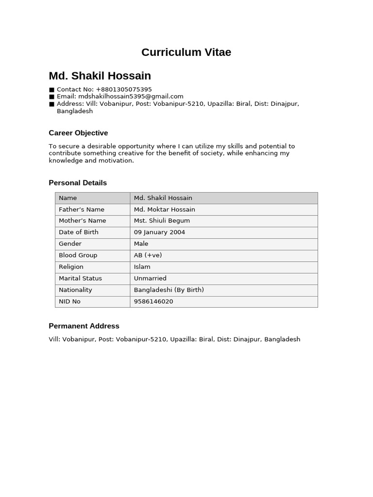 MD Shakil Hossain CV | PDF