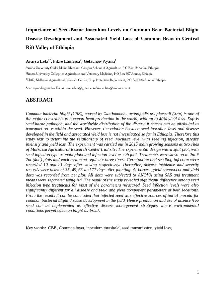Importance of Seed-Borne Inoculum Levels On Common Bean Bacterial ...