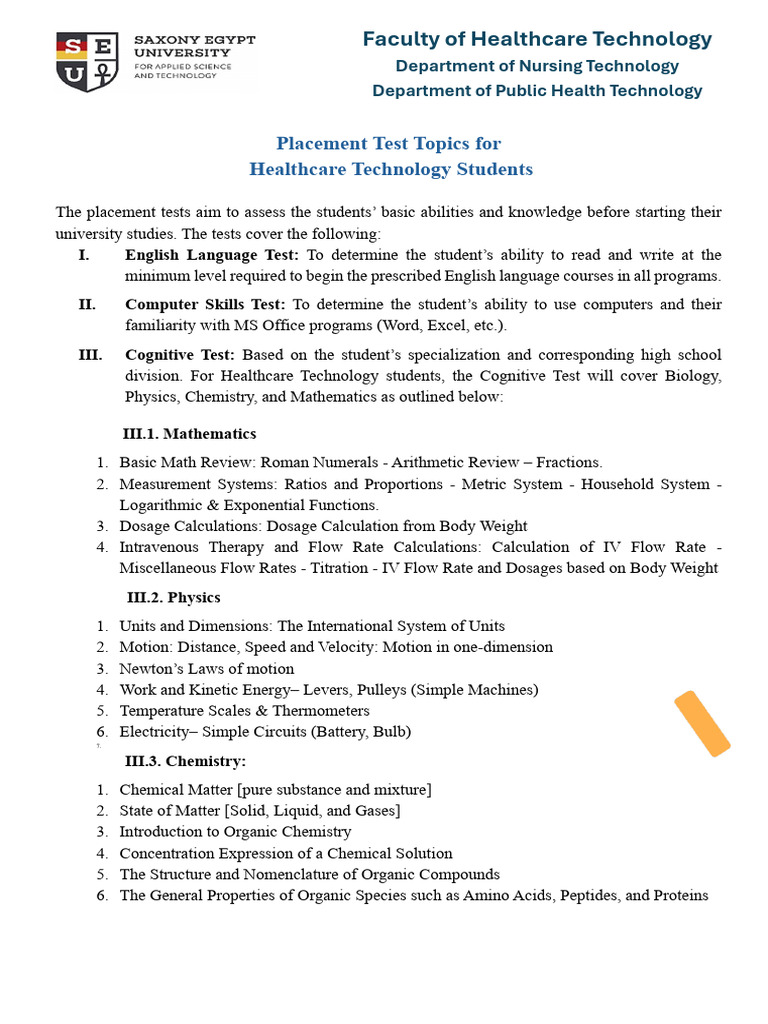 Healthcare Technology Placement Test Topics | PDF | Chemistry | Biology