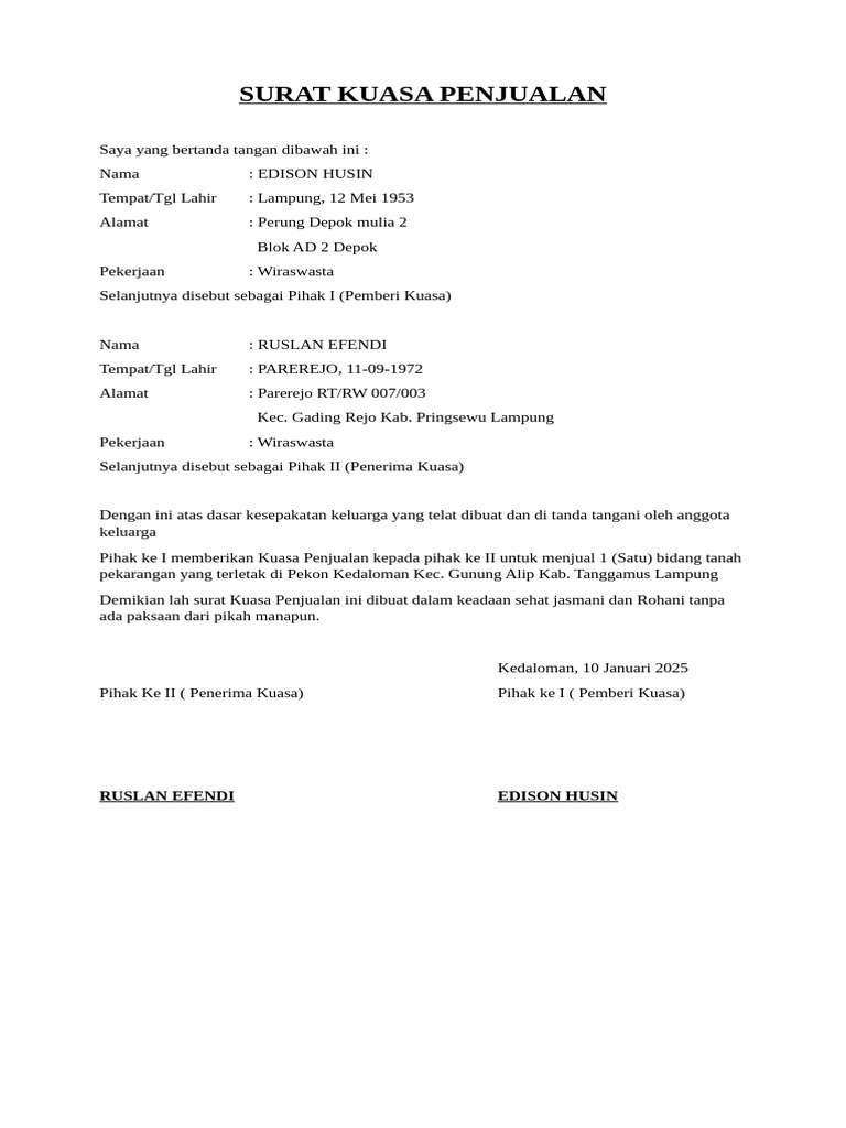 Surat Kuasa Penjualan Tanah Lampung | PDF