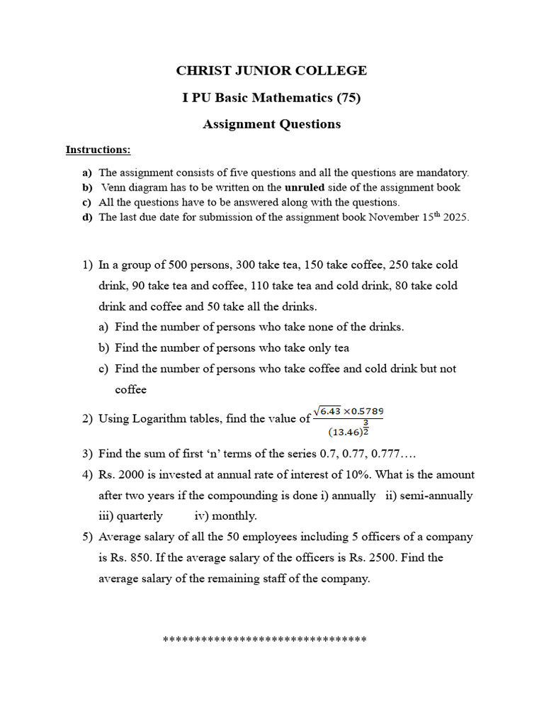 Mathematics Assignment Questions for Students | PDF