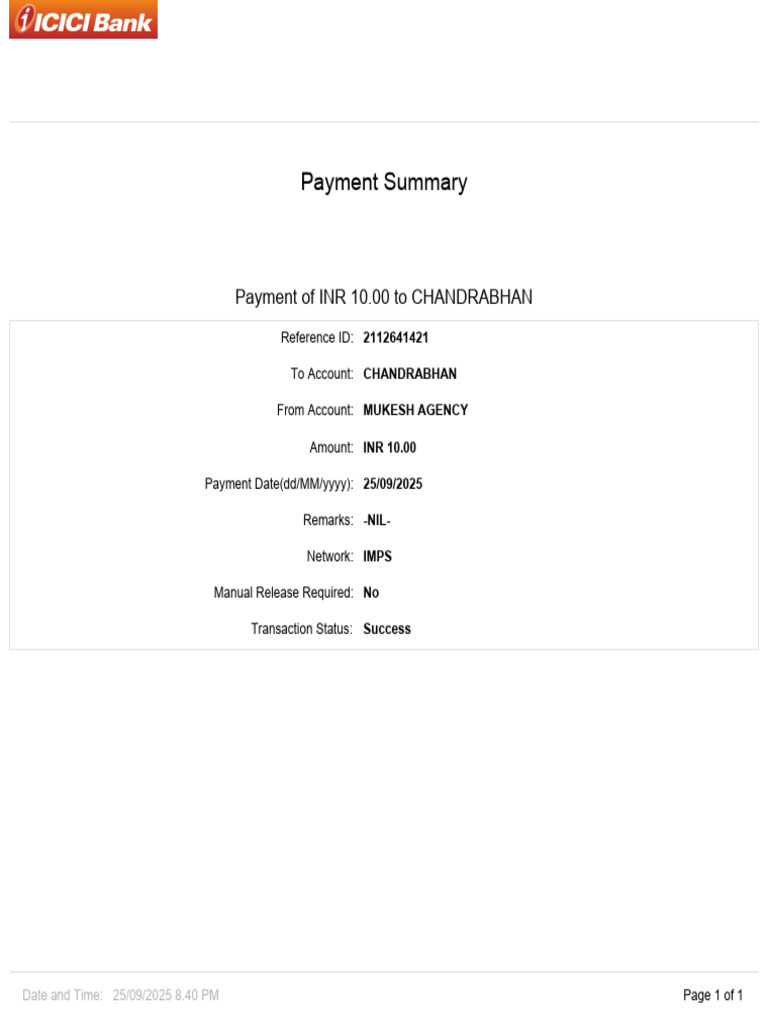 INR 10 Payment Summary to Chandrabhan | PDF