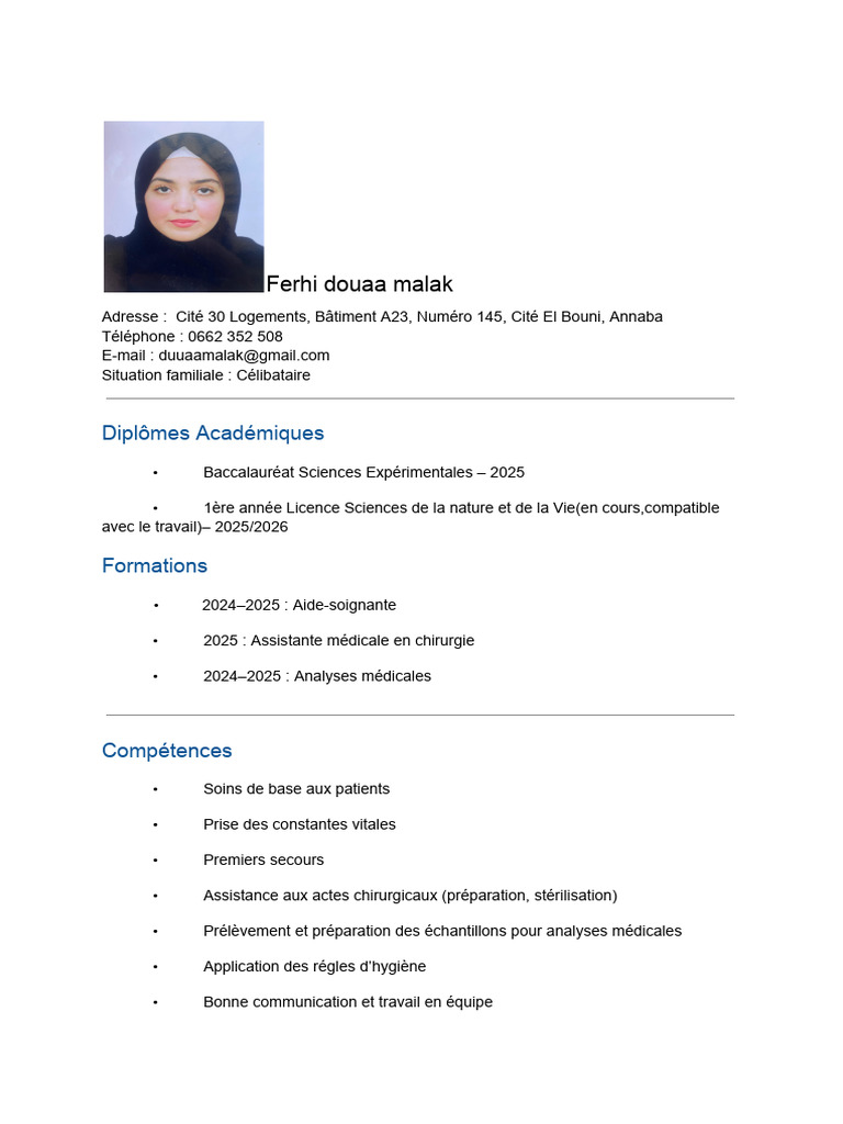 Profil de Douaa Ferhi : Aide-soignante | PDF
