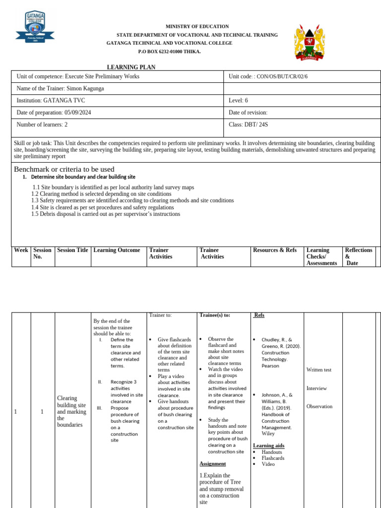 Site Preliminary Works Training Plan | PDF | Surveying