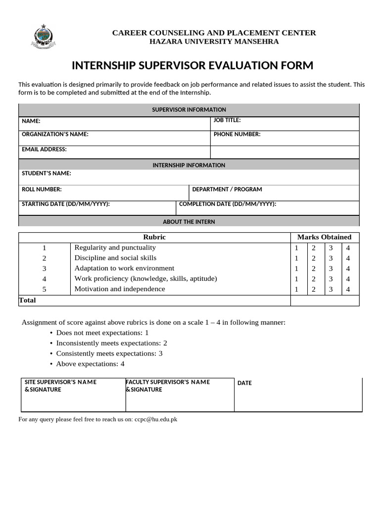 Internship Supervisor Evaluation Form VF | PDF | Behavior Modification