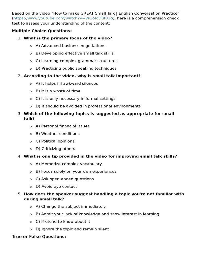 Small Talk Skills Comprehension Test | PDF | Reading Comprehension ...