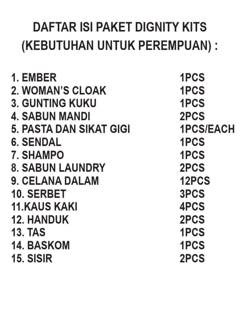Daftar Isi Paket Dignity Kits | PDF