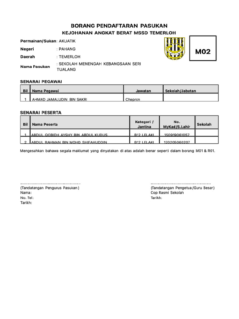 Borang - m02 - Sekolah Menengah Kebangsaan Seri Tualang-11 | PDF