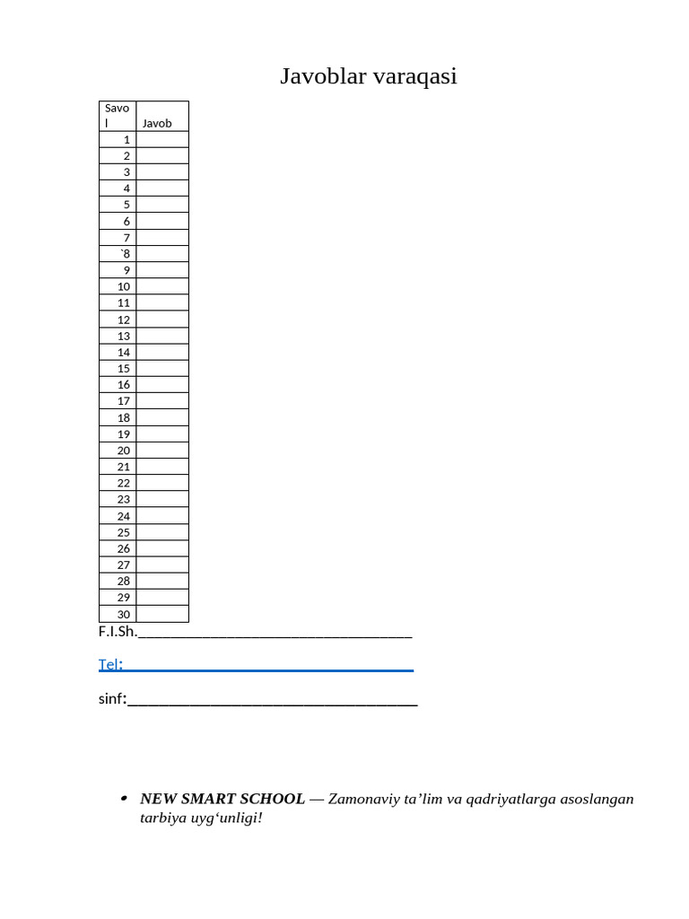 Javoblar Varaqasi | PDF