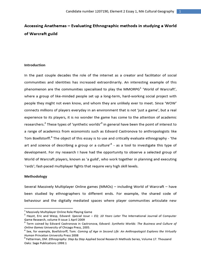 Virtual Ethnography Essay | PDF | Ethnography | World Of Warcraft