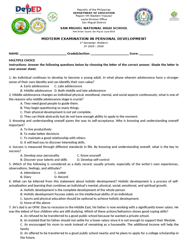 Midterm Exam: Personal Development 2025-2026 | PDF | Adolescence ...