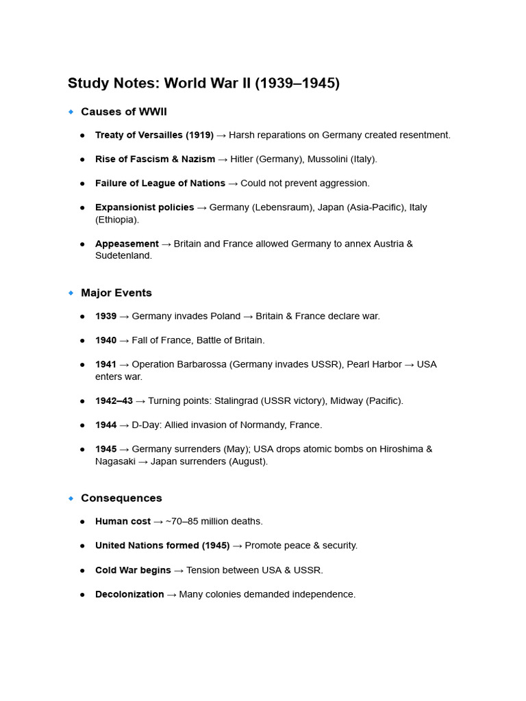 World War II Study Notes: Key Events & Causes | PDF