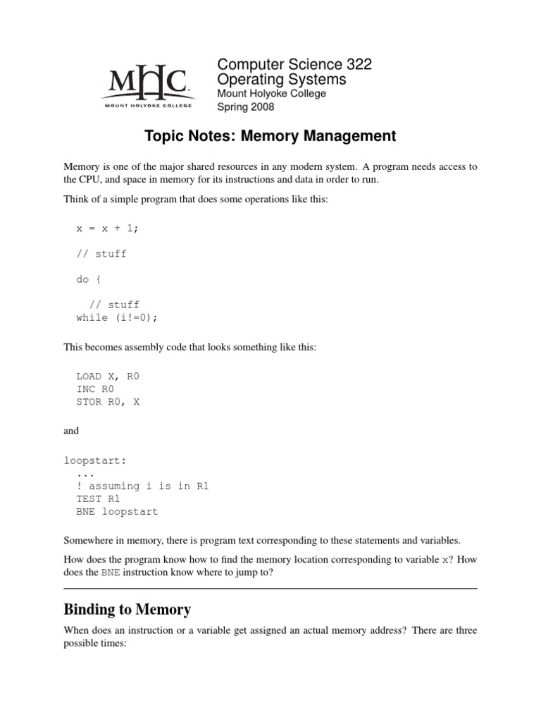 Topic Notes: Memory Management: Computer Science 322 Operating Systems ...