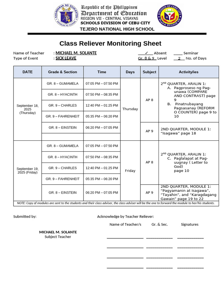 Teacher Reliever Substitution SOLANTE | PDF
