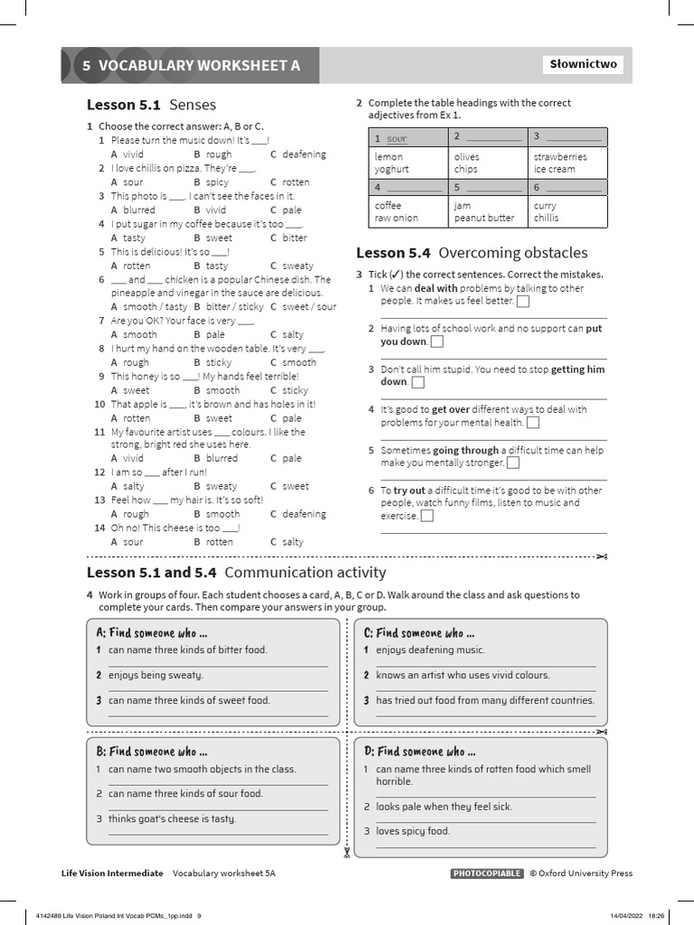 Vocabulary Worksheet for Life Vision | PDF | Taste | Foods