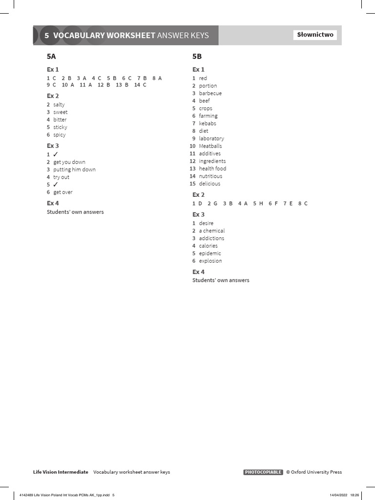 Vocabulary Worksheet Answer Keys | PDF | Foods | Cuisine
