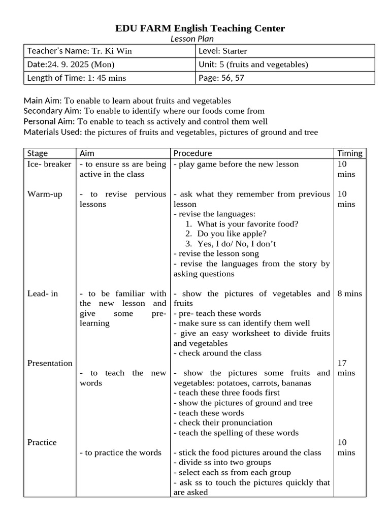 Teacher Lesson Plan For Think and Learn | PDF | Vegetables | Human ...