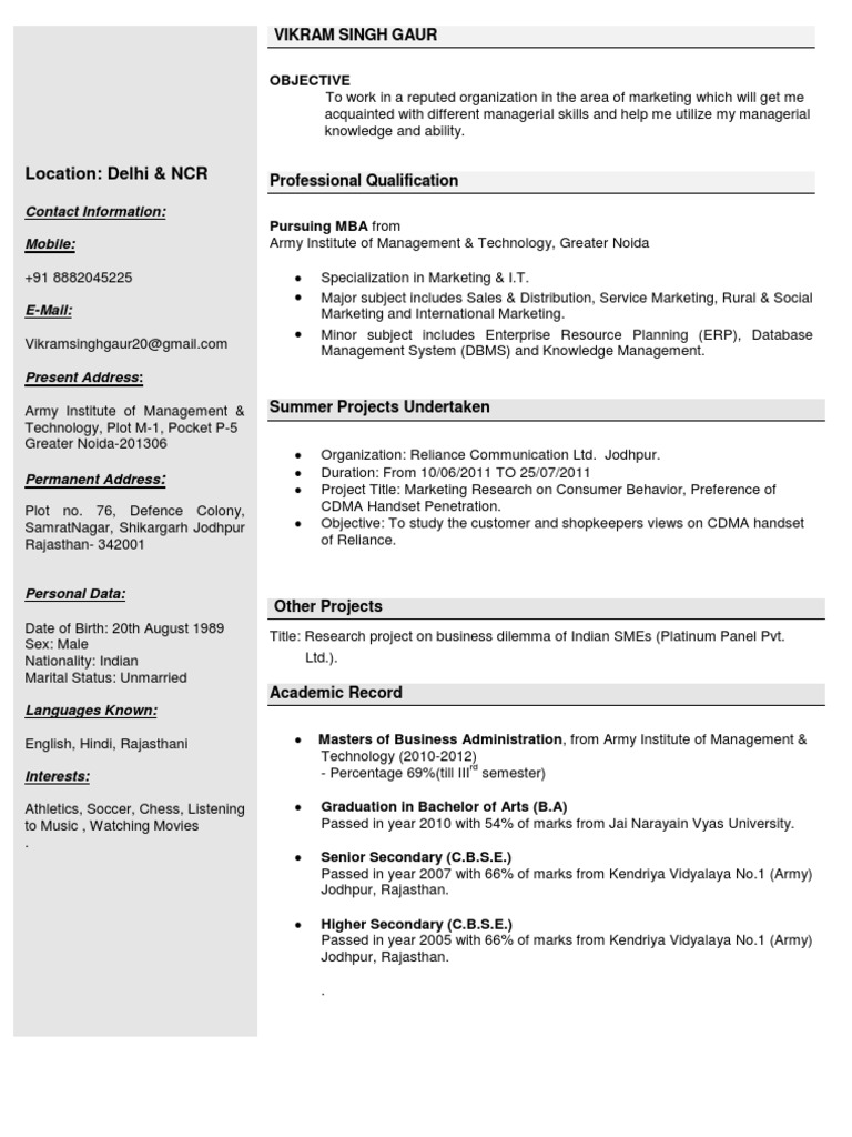 Vikram Singh CV | PDF | Master Of Business Administration | Databases