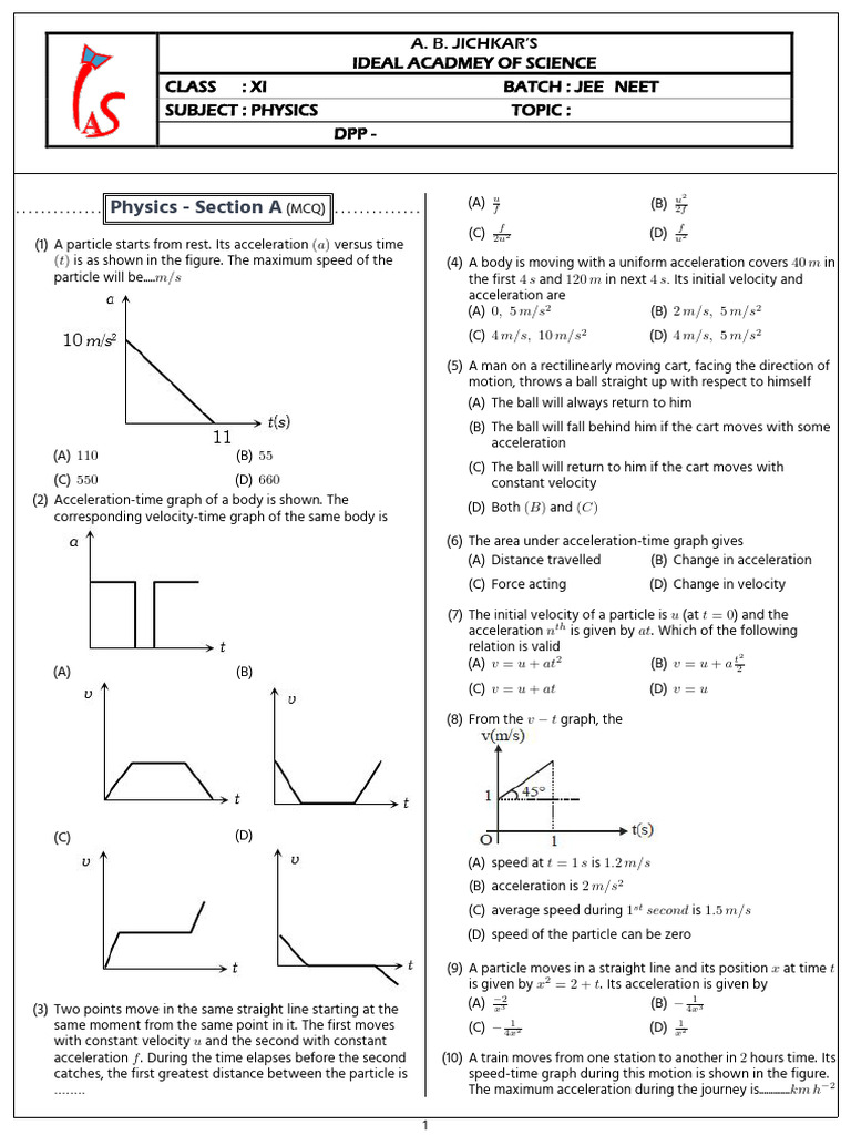 Motion in A Straight Line DPP 1 - C | PDF | Acceleration | Velocity