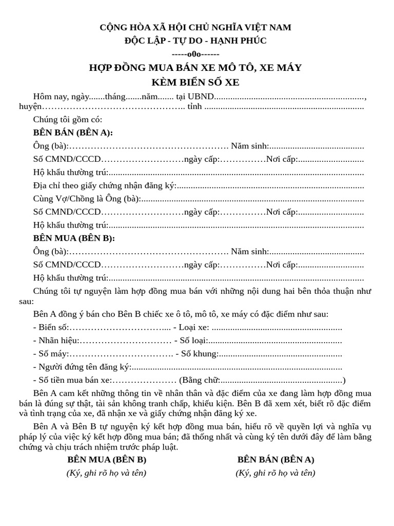 Mau Hop Dong Mua Ban Xe - Vo Chong | PDF