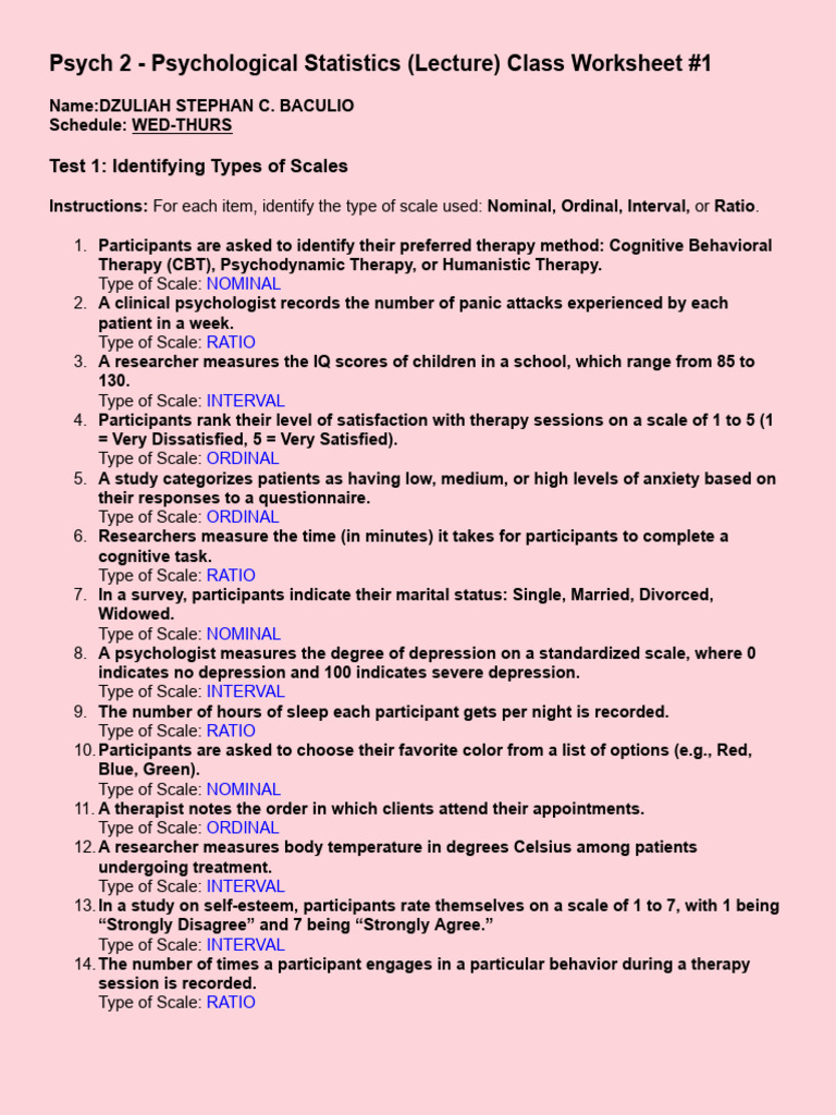 Psychological Statistics Class Worksheet | PDF | Mood Disorders | Major ...