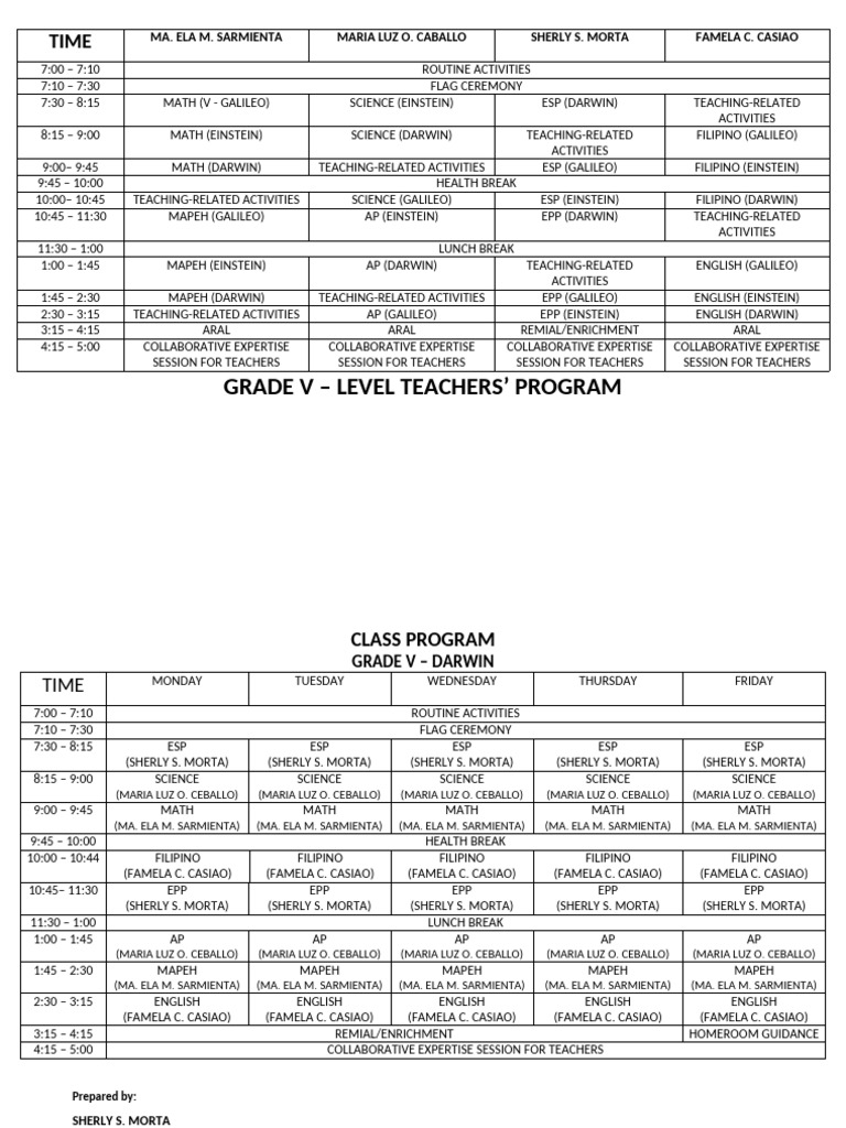 Grade V Class Program Schedule | PDF | Schools