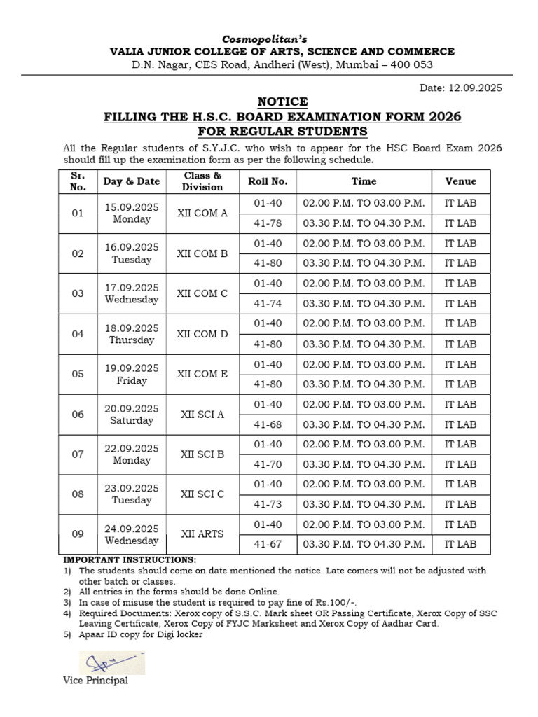 SYJC Students HSC Board Form Filling Notice 12-09-2025 | PDF | Student ...