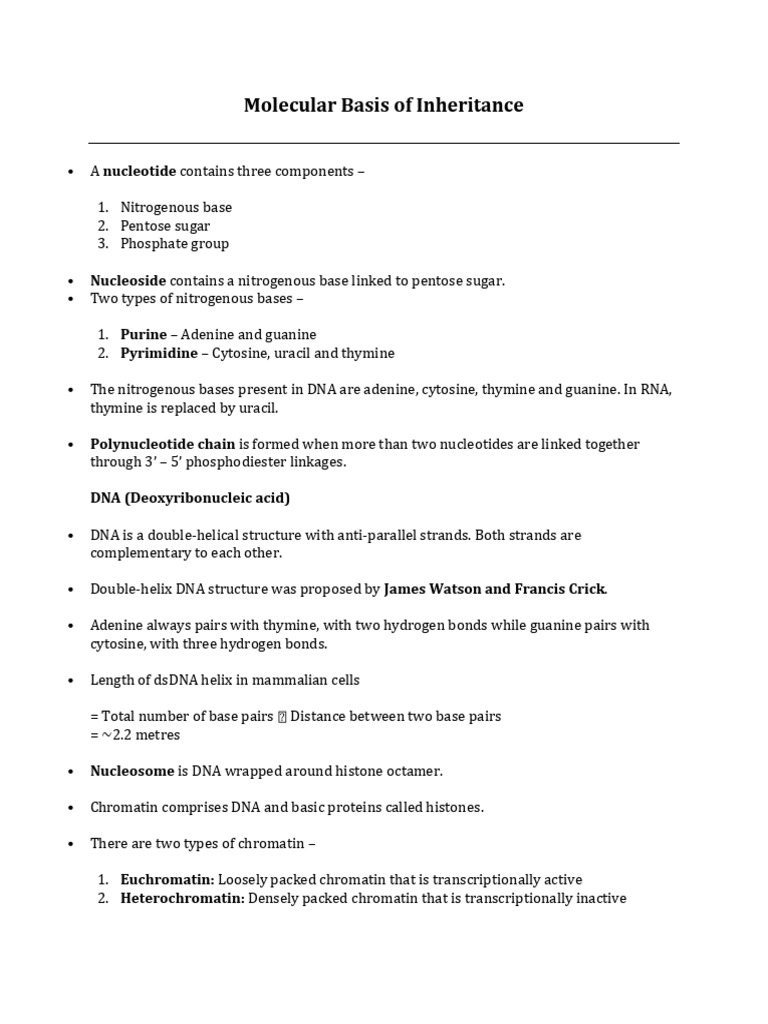 Molecular Basis of Inheritance Revision Notes Biology | PDF | Rna | Dna