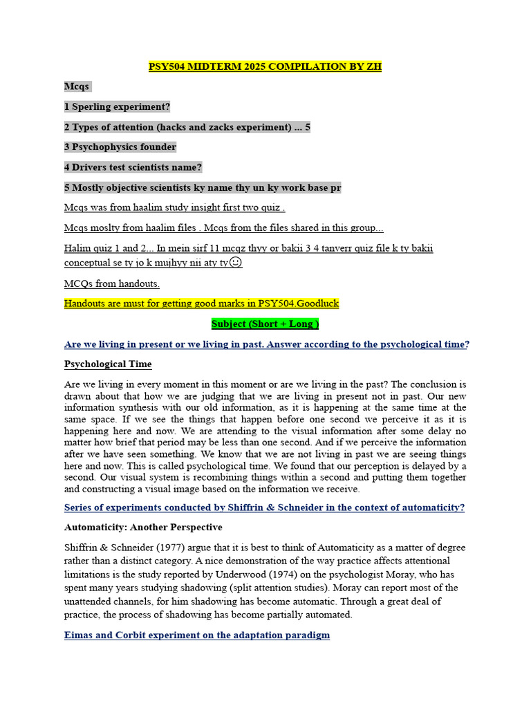 ZH Psy504 Compilation Midterm | PDF | Attention | Perception