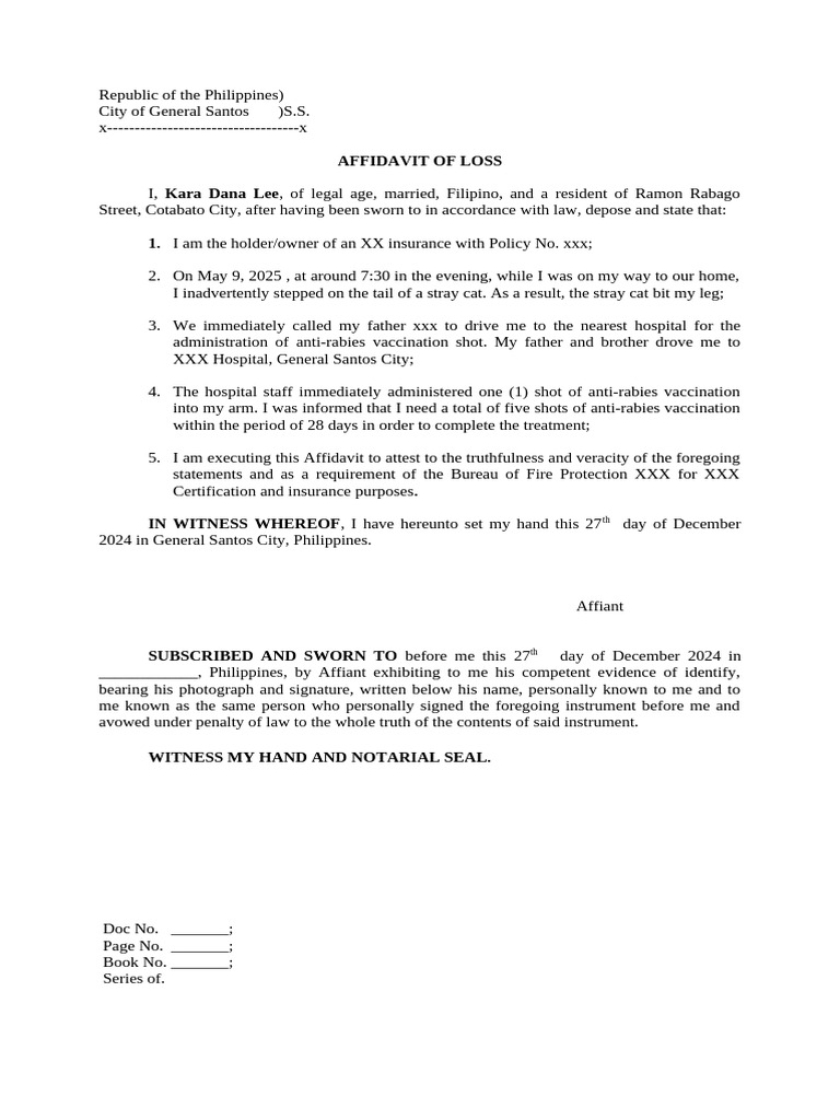 Affidavit of Loss for Insurance Claim | PDF