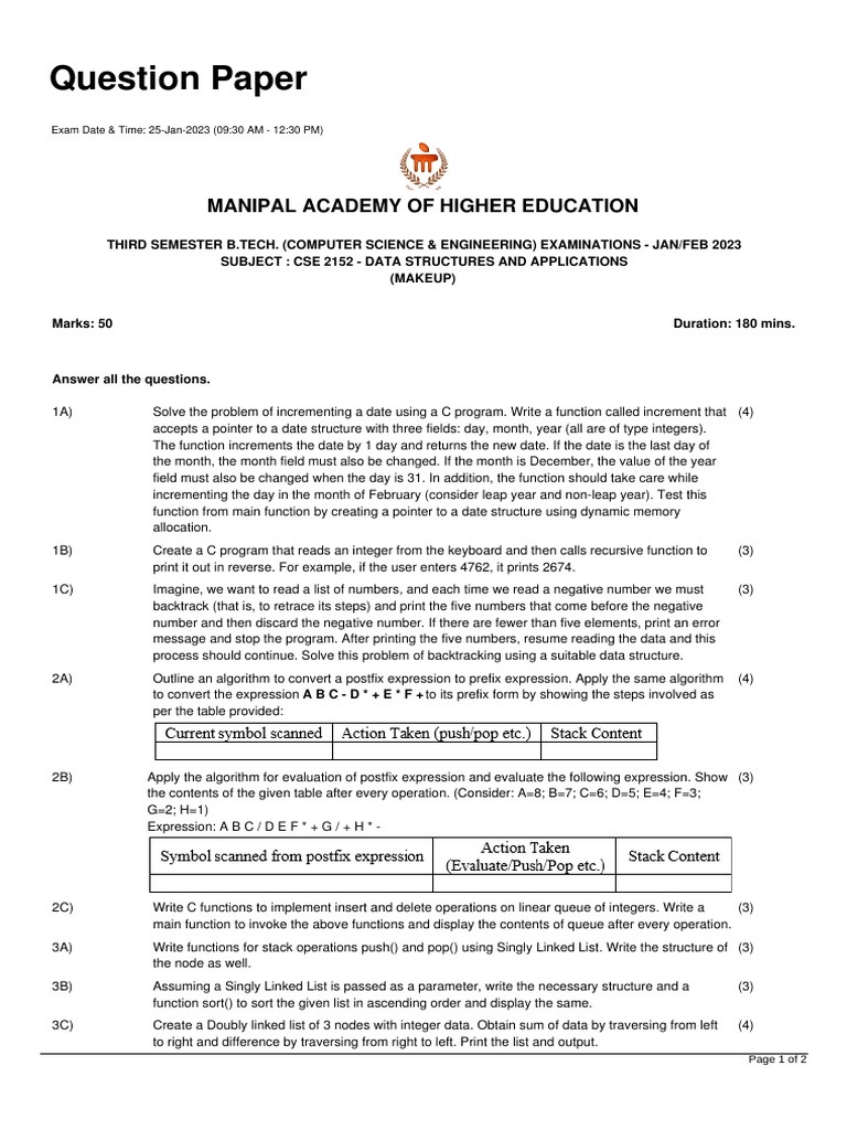 CSE 2152 Data Structures Exam Paper | PDF | Theoretical Computer ...