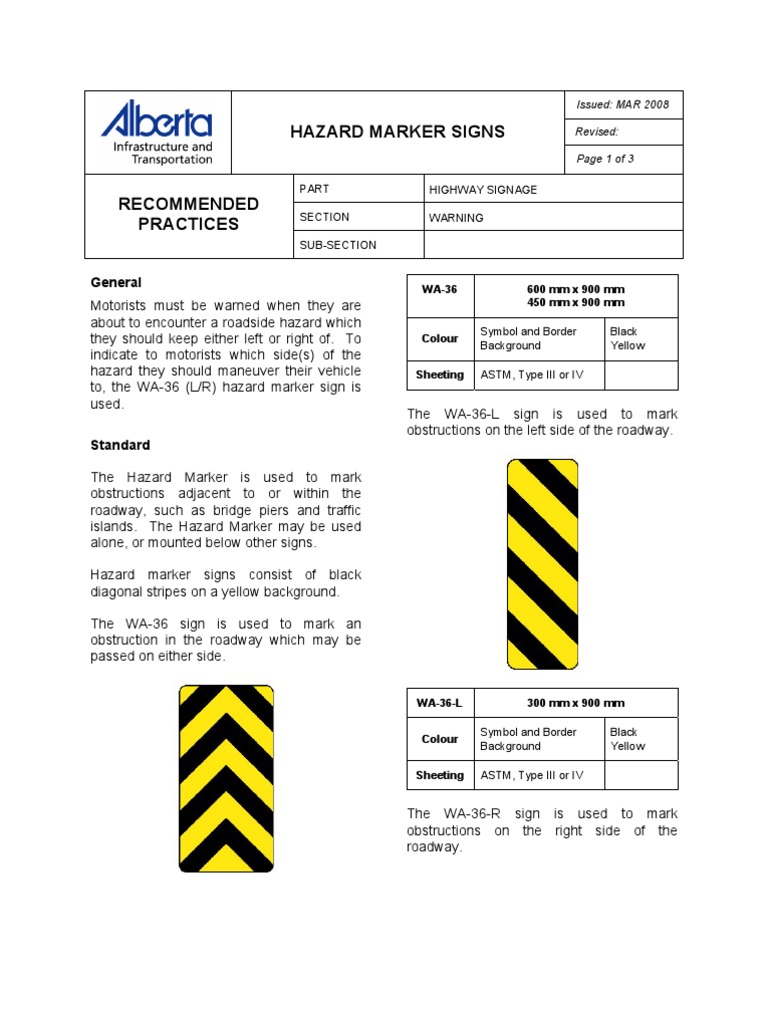 Hazard Marker Sign Guidelines | PDF | Traffic | Road Transport
