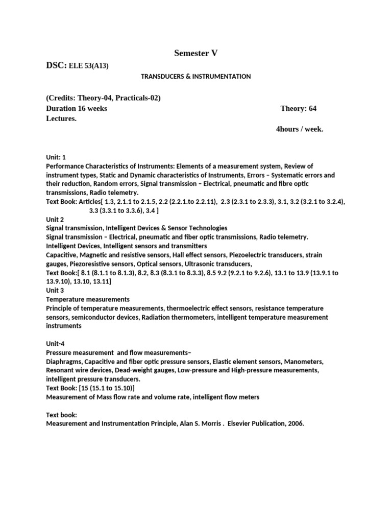 Transducers & Instrumentation Course Guide | PDF