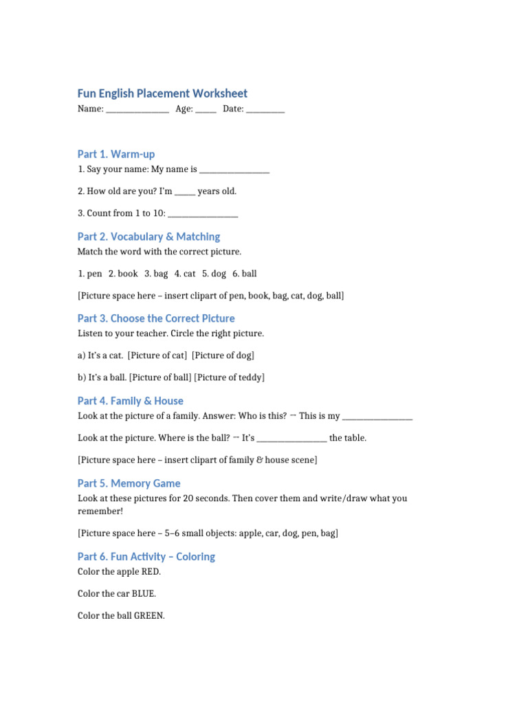 Fun English Placement Worksheet | PDF