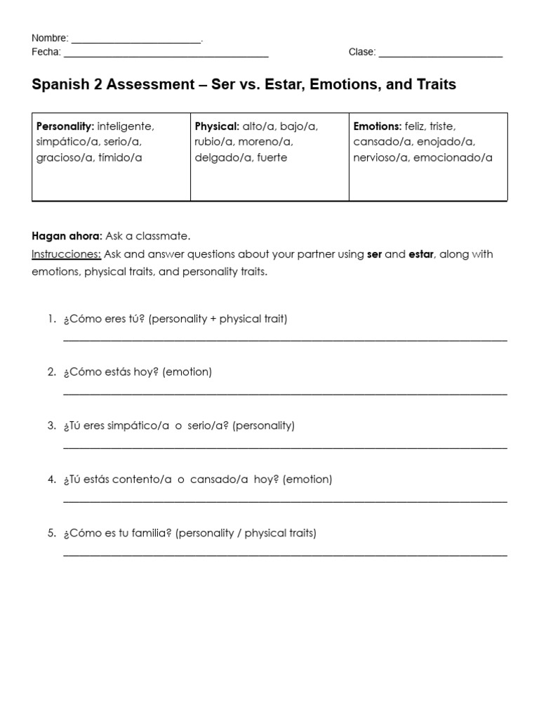 Spanish 2 Assessment: Ser vs. Estar | PDF