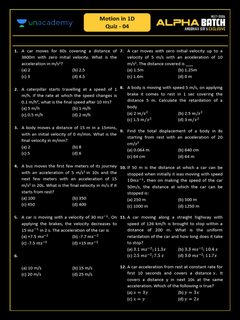 Motion in 1D Quiz Questions and Answers | PDF | Acceleration | Speed