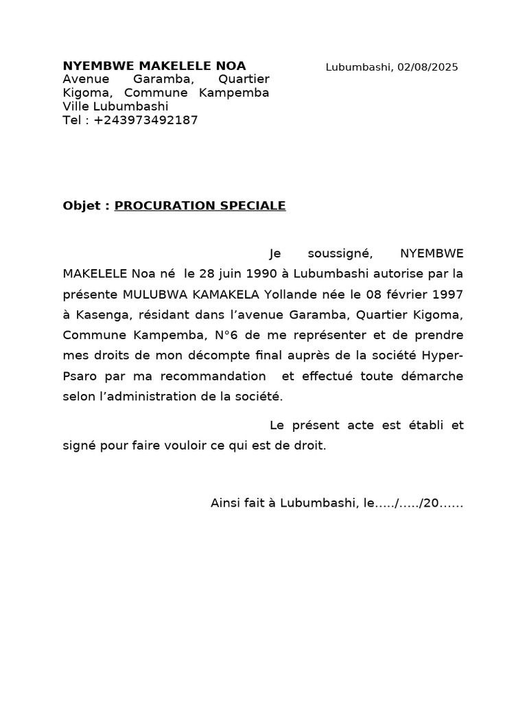 Procuration spéciale de Nyembwe Makelele | PDF