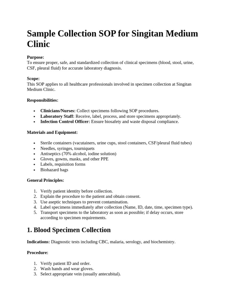 Sample Collection SOP For Singitan Medium Clinic | PDF | Infection | Clinical Medicine