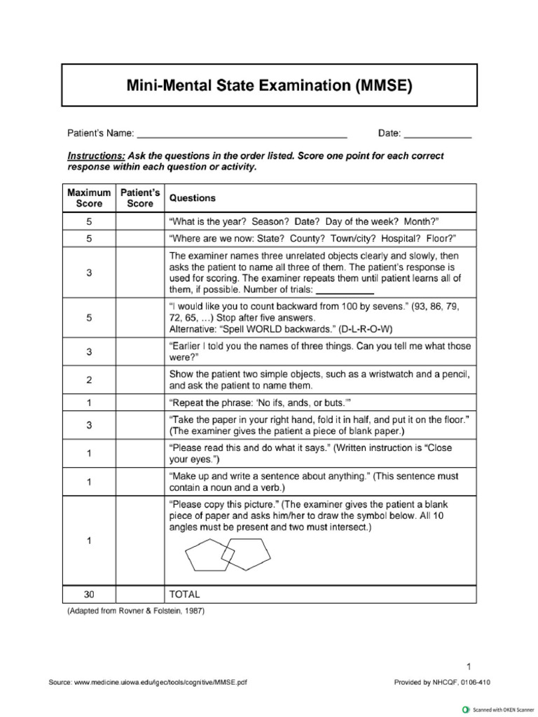 Mini Mental State Exam (MMSE) | PDF